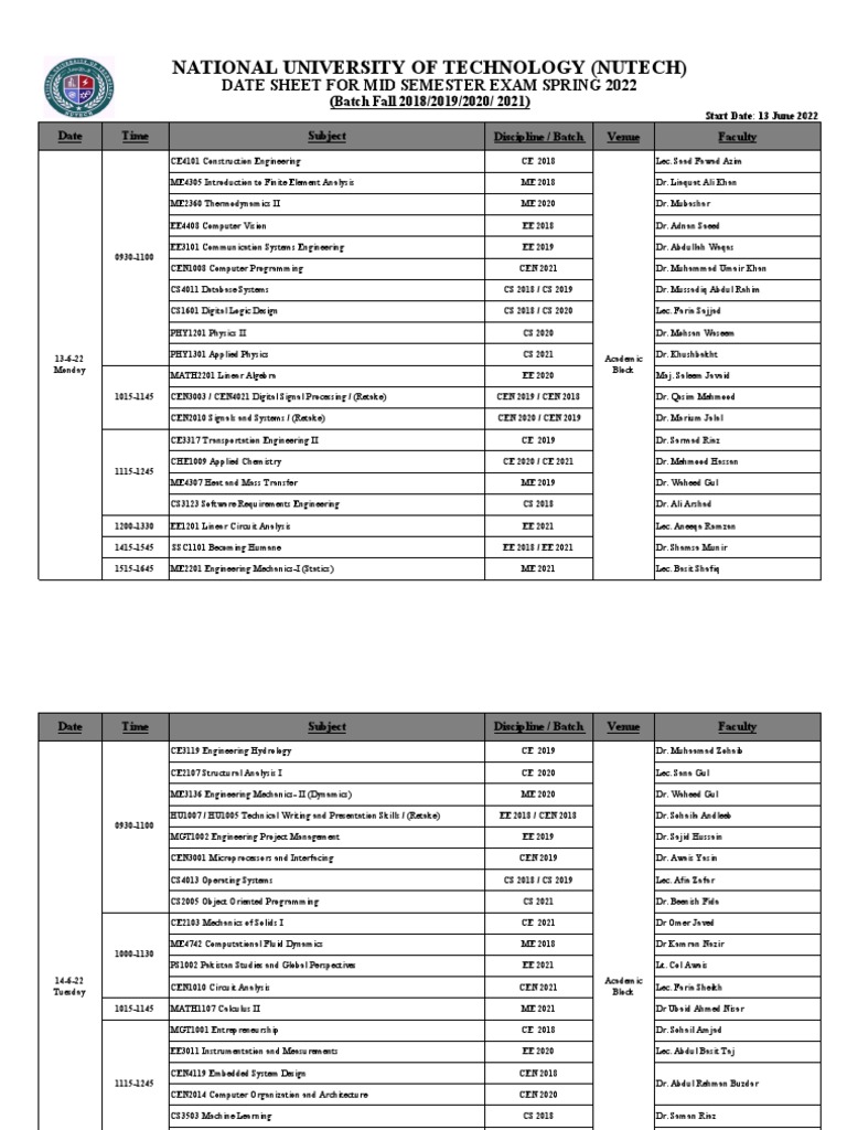Date Sheet Mid Semester Exam Spring 2022.xlxs | PDF | Engineering | Physical Sciences