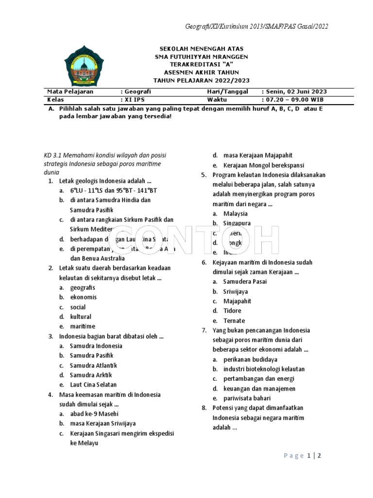 Contoh Format Soal Aat 22-23 Kelas Xi | PDF