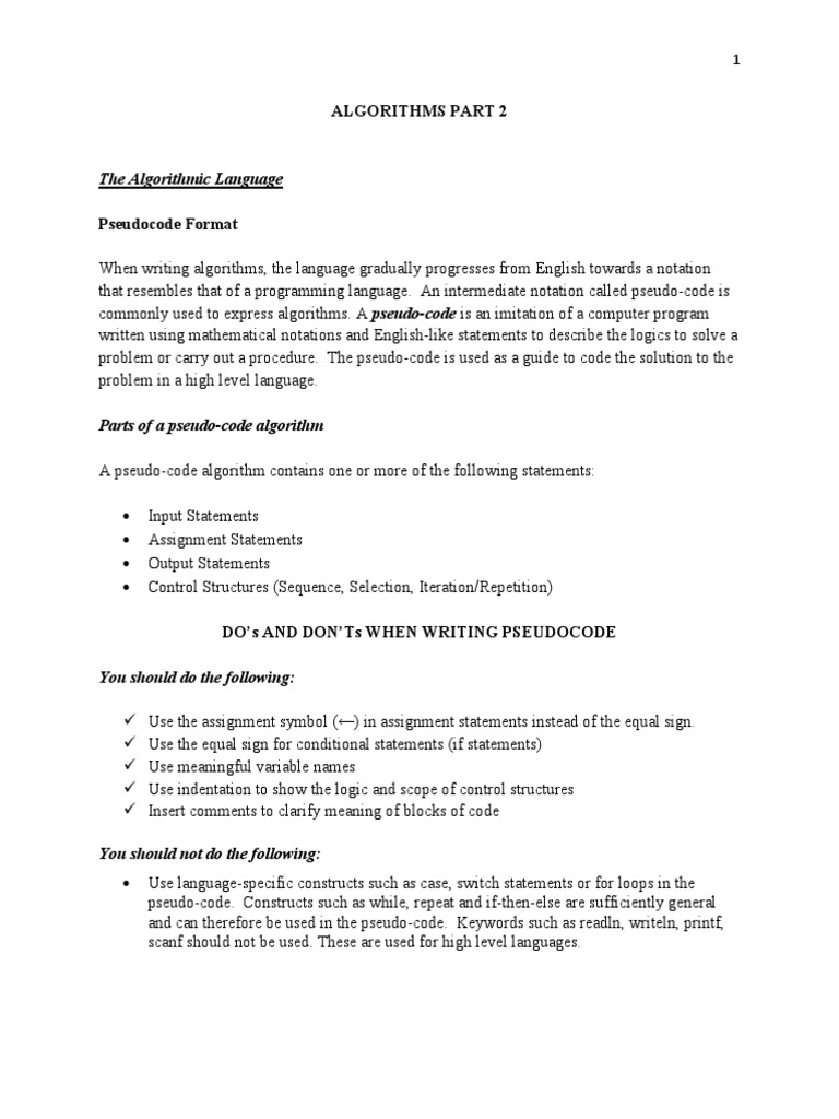 Pseudocode Algorithm Handout 2 | PDF | Input/Output | Control Flow Pseudocode Algorithm Handout 2 | PDF | Input/Output | Control Flow