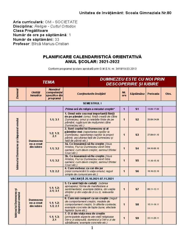 Planificare Religie 2021-2022 | PDF