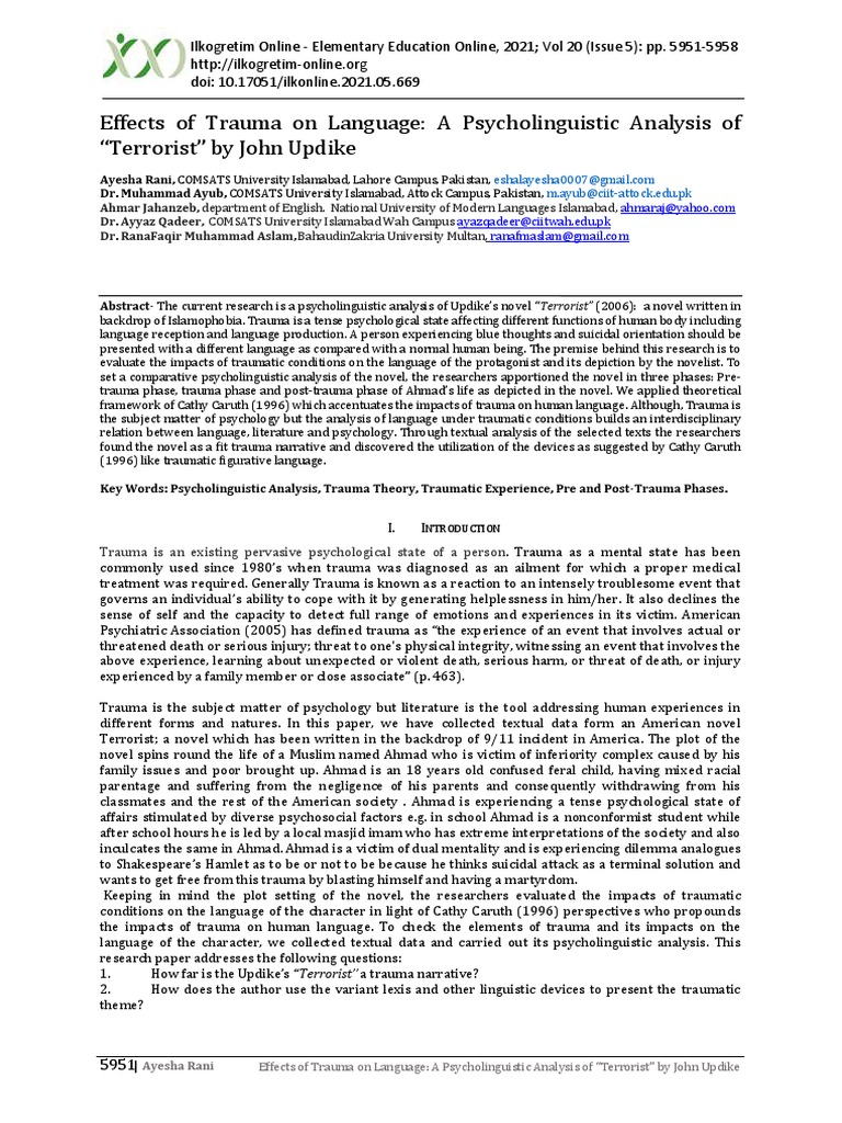 Trauma's Impact on Language in Updike's "Terrorist" | PDF ...