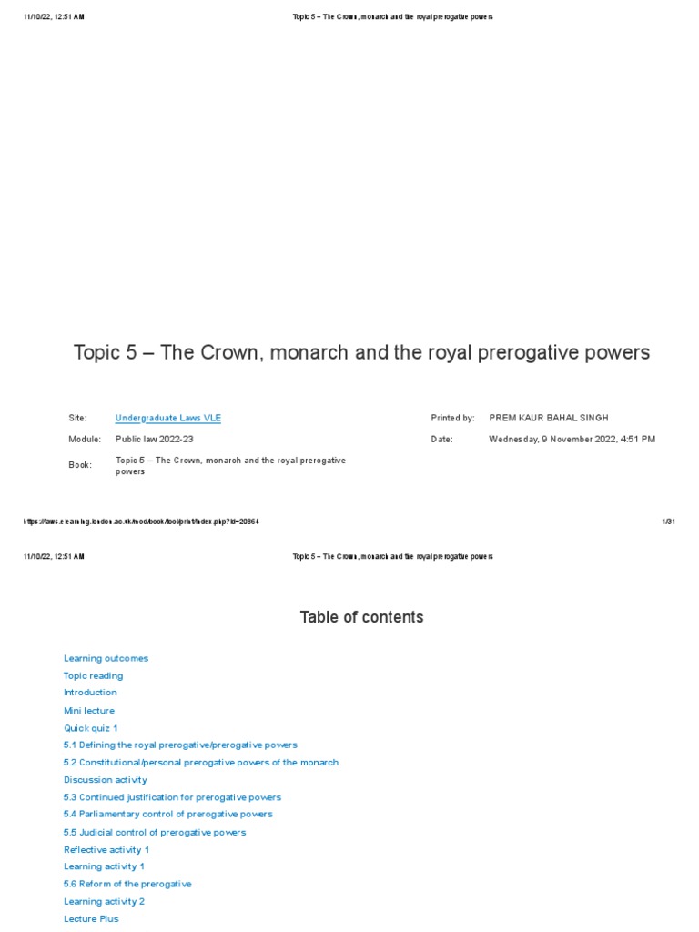 Topic 5 - The Crown, Monarch and The Royal Prerogative Powers | PDF | Royal Assent | Ratification