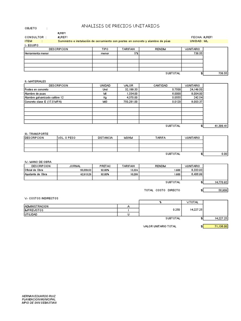 Análisis de Precios para Cerramiento APU | PDF