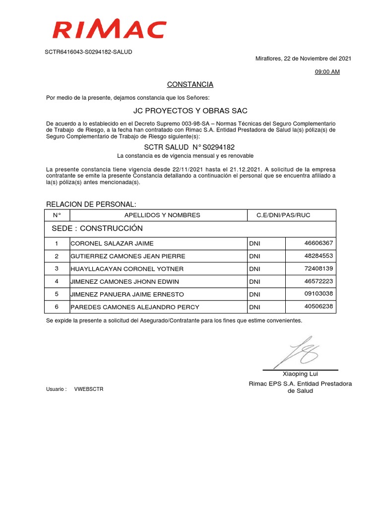 SCTR SALUD RIMAC | PDF