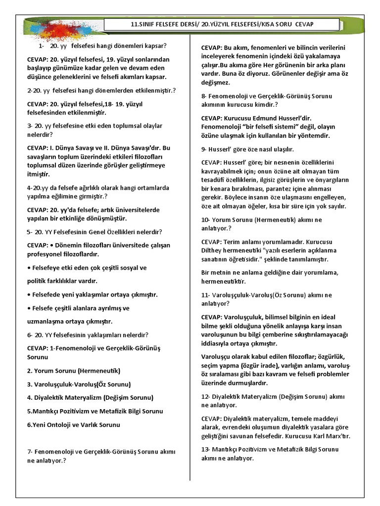 20yy Felsefesi̇ Kisa Soru Cevap | PDF