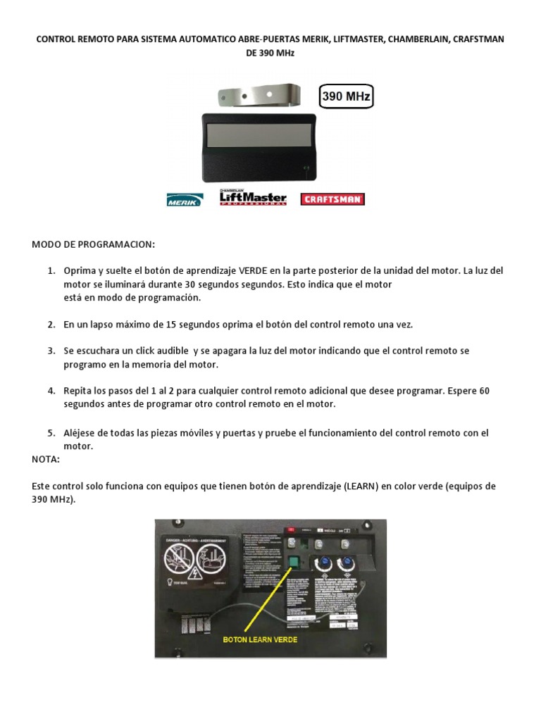 Manual de Usuario Control Remoto GD-R19 para Abre-Puertas Merik Liftmaster Chamberlain Crafstman ...