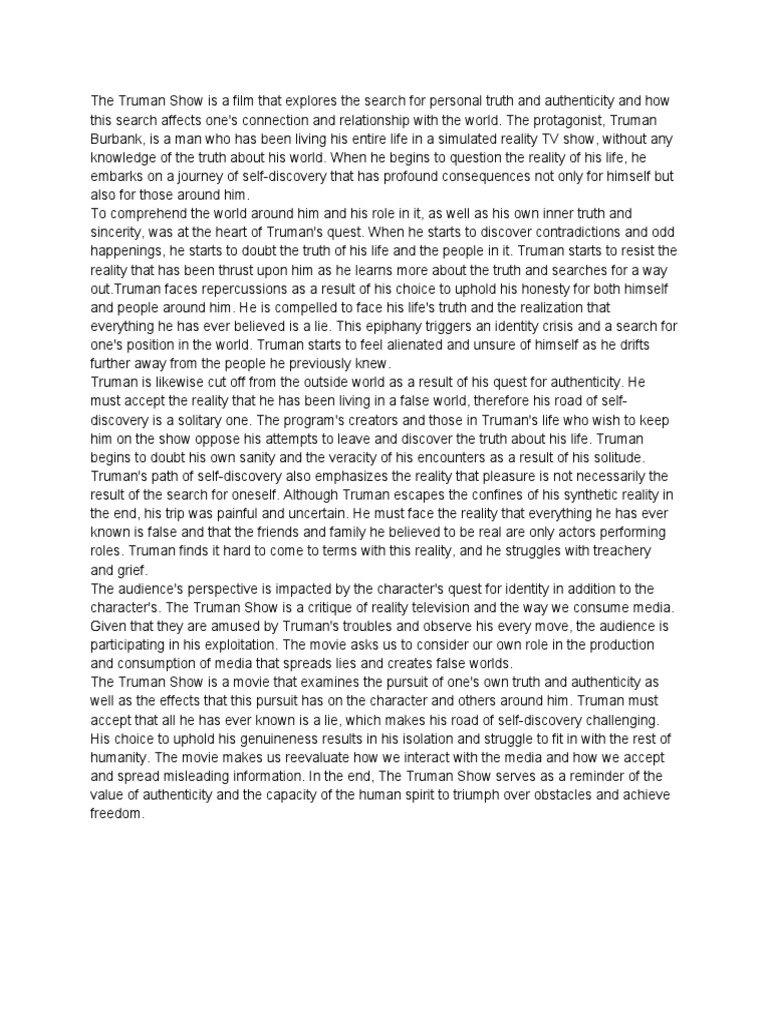 The Truman Show Analysis | PDF | Truth | Authenticity (Philosophy)