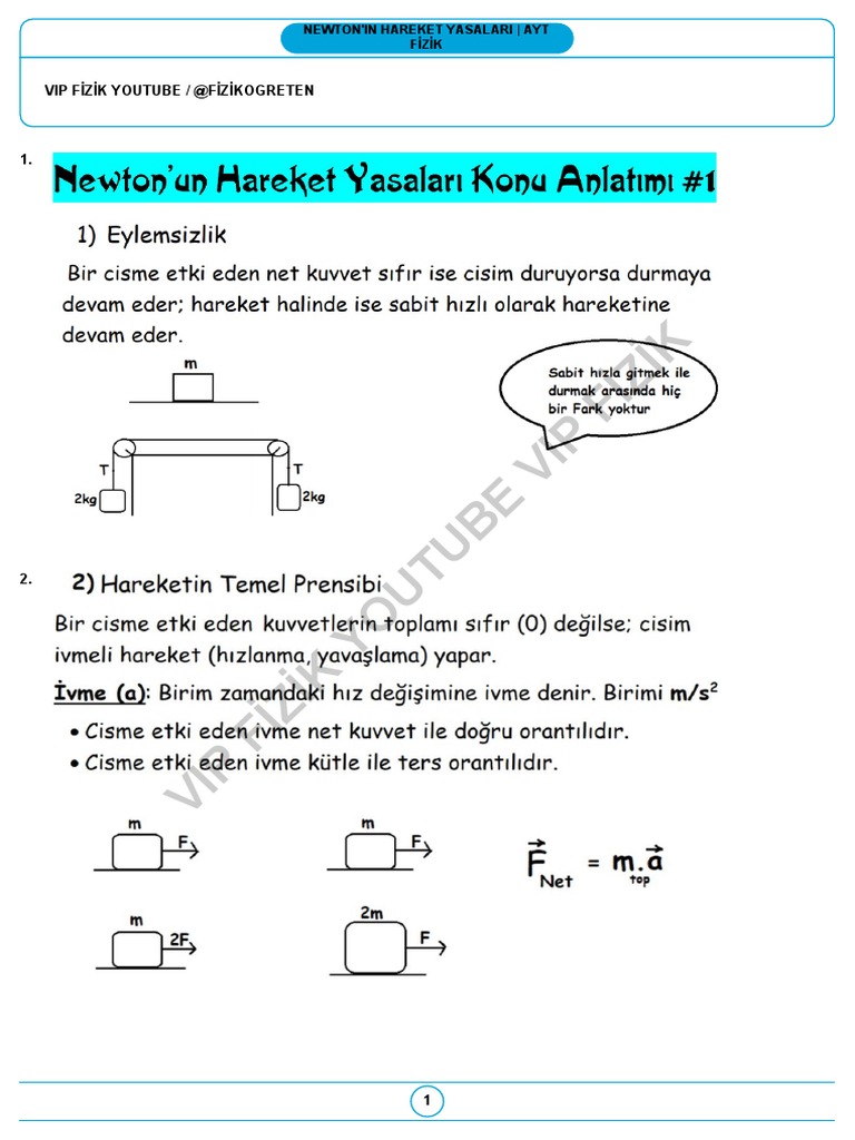 Newton'Un Hareket Yasalari Vip Fi̇zi̇k | PDF