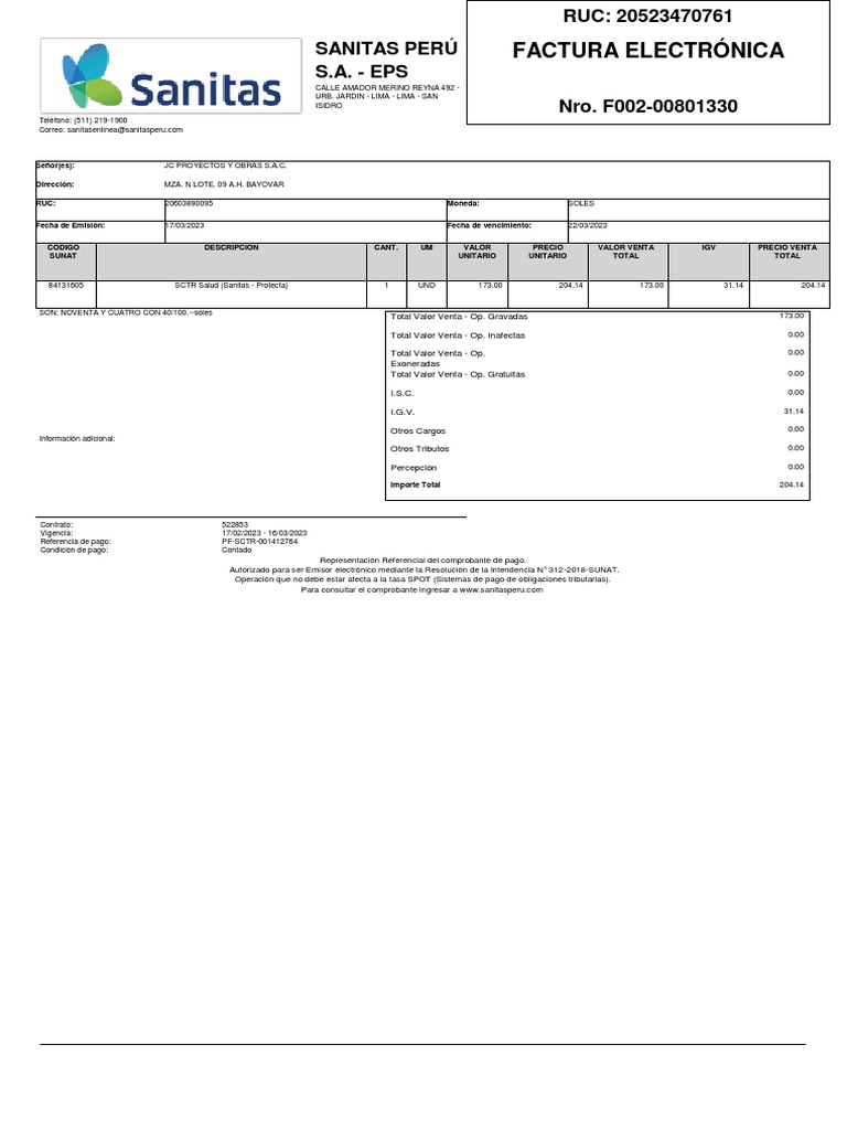 Factura Sanitas 1 | PDF | Tecnología bancaria | Pagos