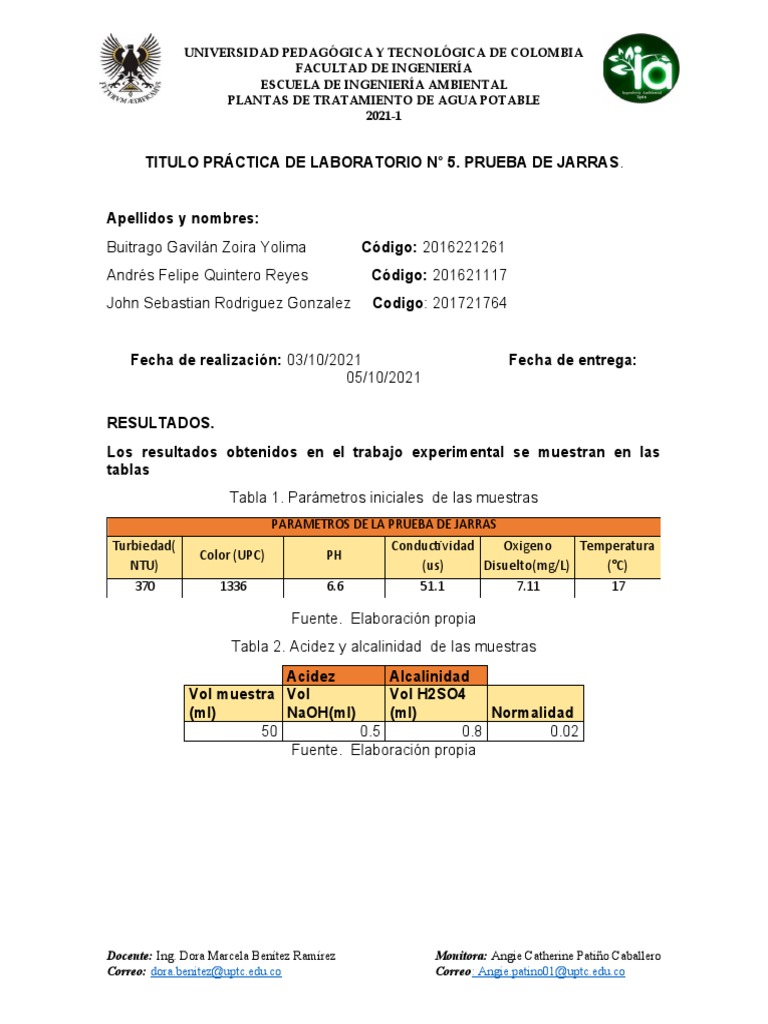INFORME 5. Prueba de Jarras | PDF | Agua | Agua potable