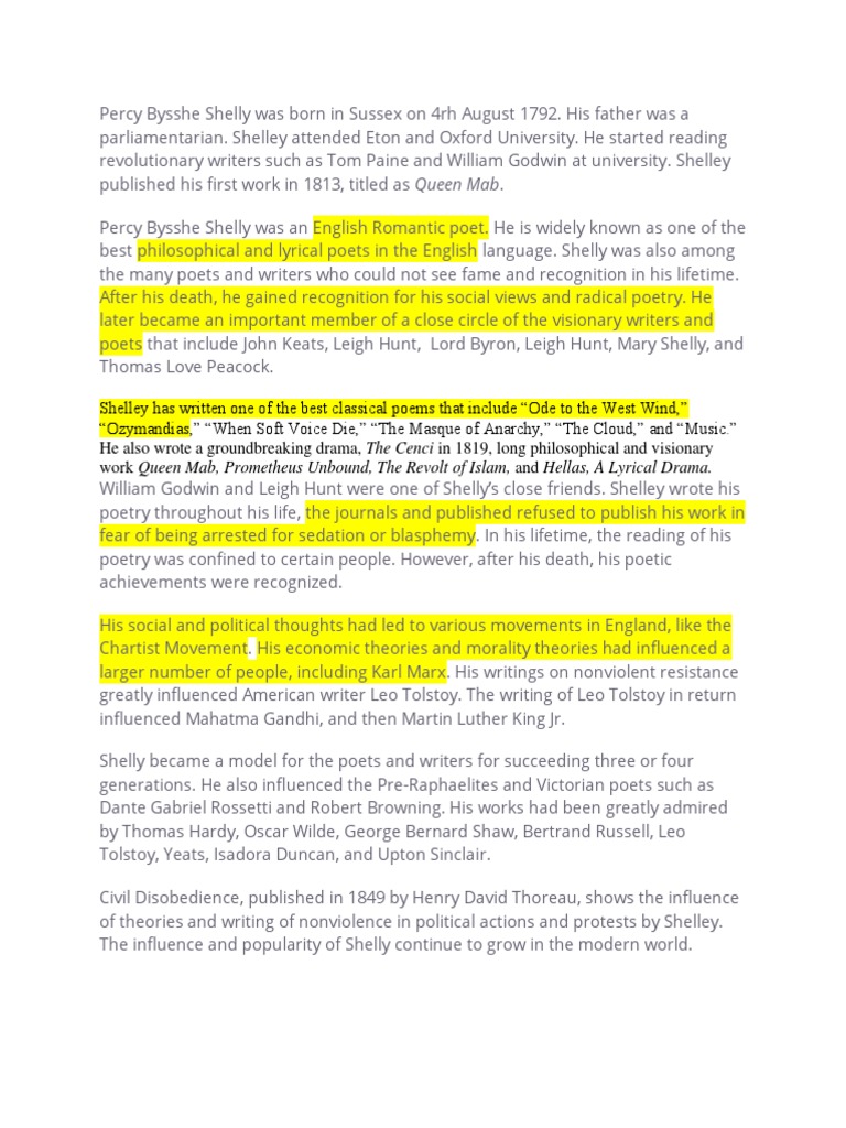 Percy Bysshe Shelly Intro and Writing Style | PDF