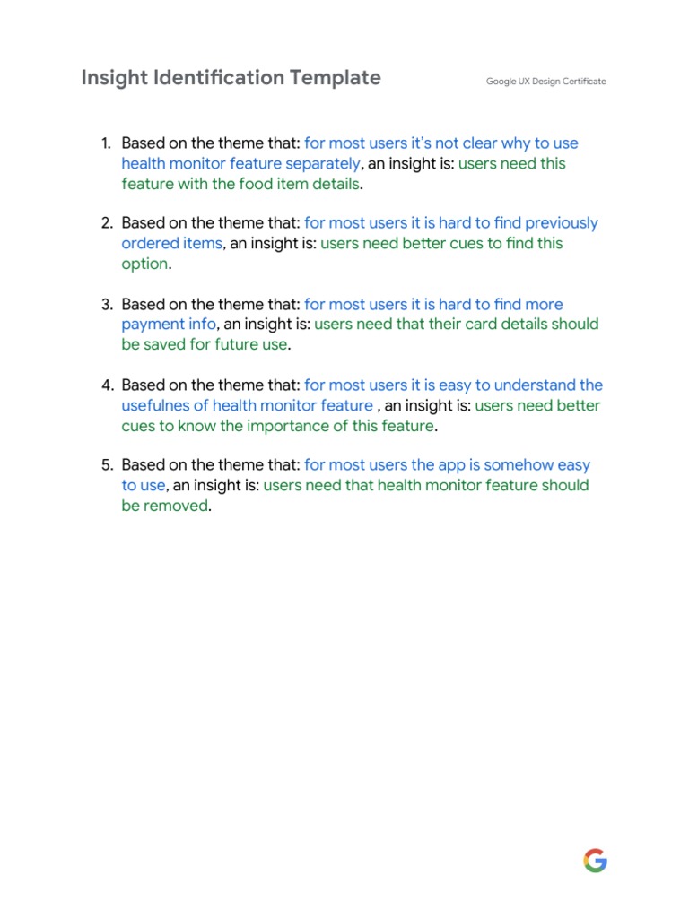 Google UX Design Certificate - Insight Identification (Template) | PDF