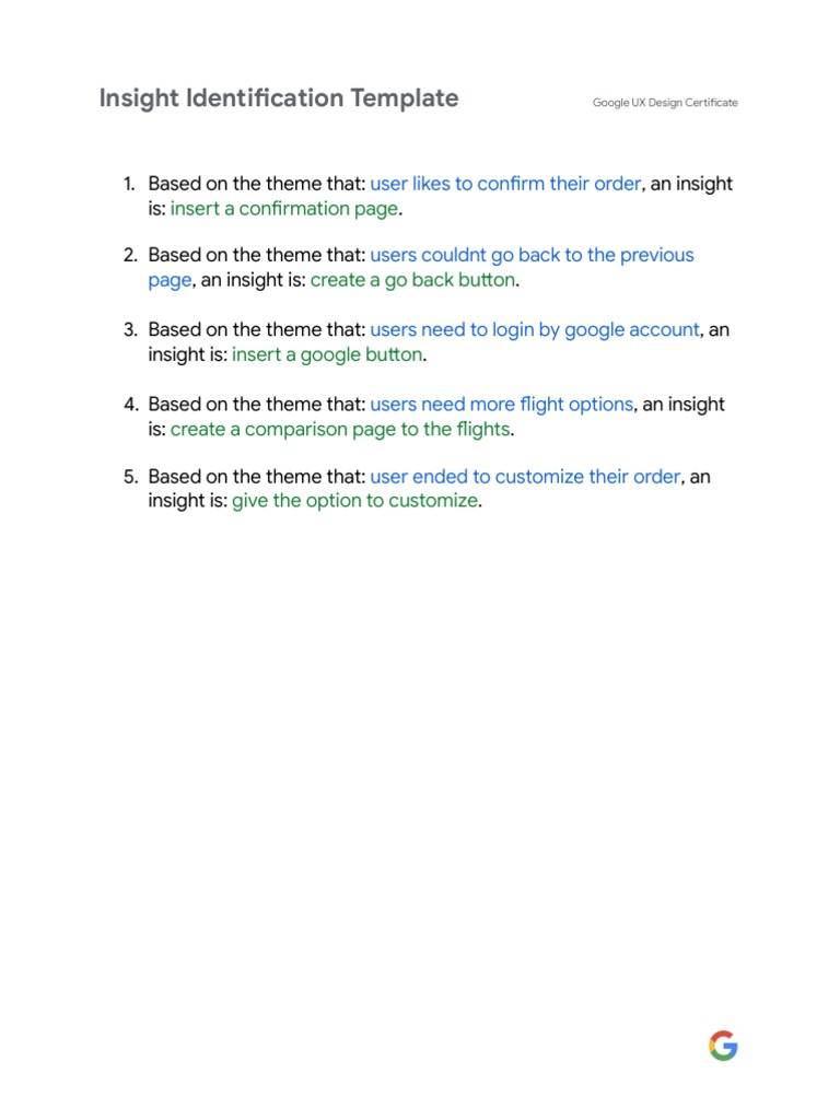 Google UX Design Certificate - Insight Identification (Template) | PDF