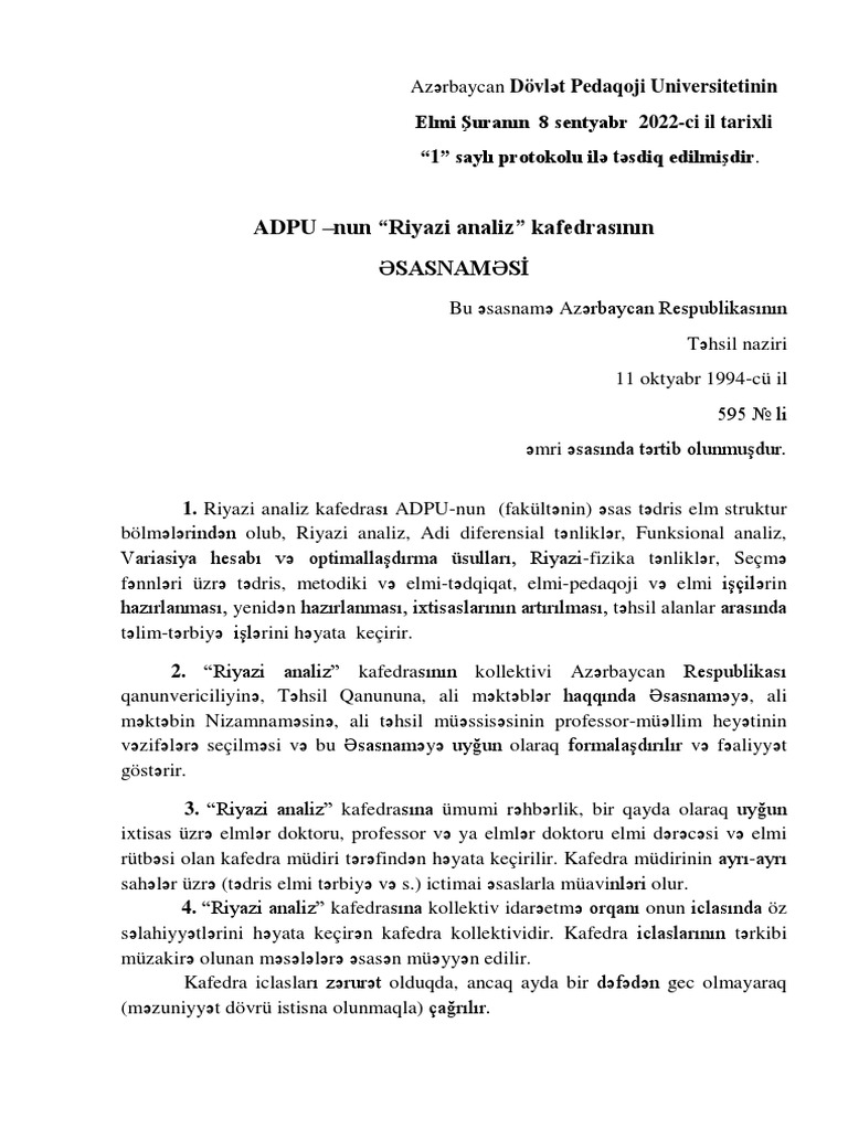 Riyazi Analiz Kafedrasinin Esasnamesi | PDF