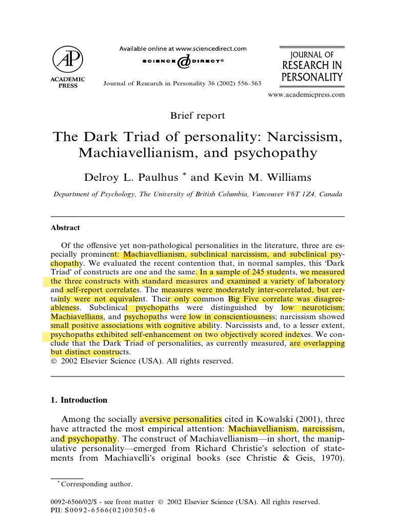 JRP 2002 Paulhus-Williams paper on Dark Traids | PDF | Dark Triad ...