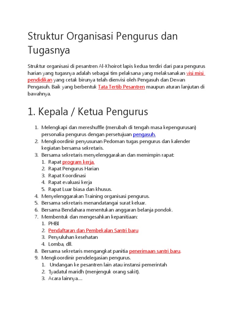 Struktur Organisasi Pengurus Dan Tugasnya | PDF