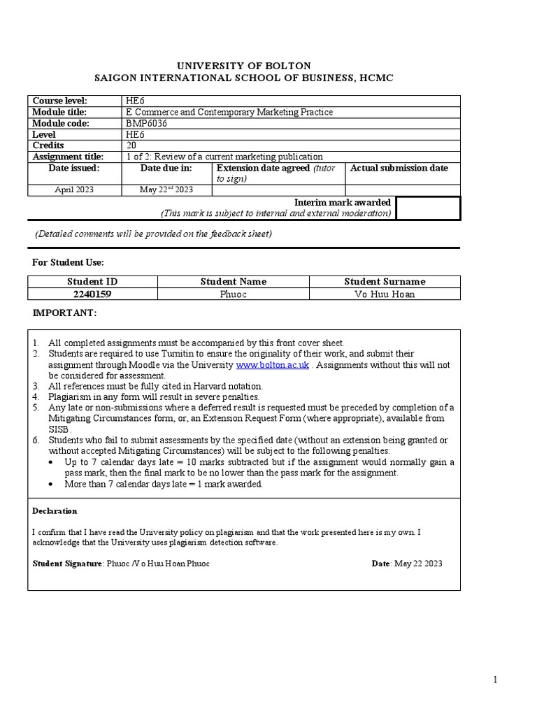 BMP6036-22401549-Vo Huu Hoan Phuoc-Paper Review-Assignment 1 (2023) | PDF