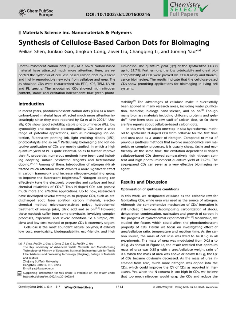 Synthesis of Cellulose Based Carbon Dots For Bioimaging | PDF Synthesis of Cellulose Based Carbon Dots For Bioimaging | PDF