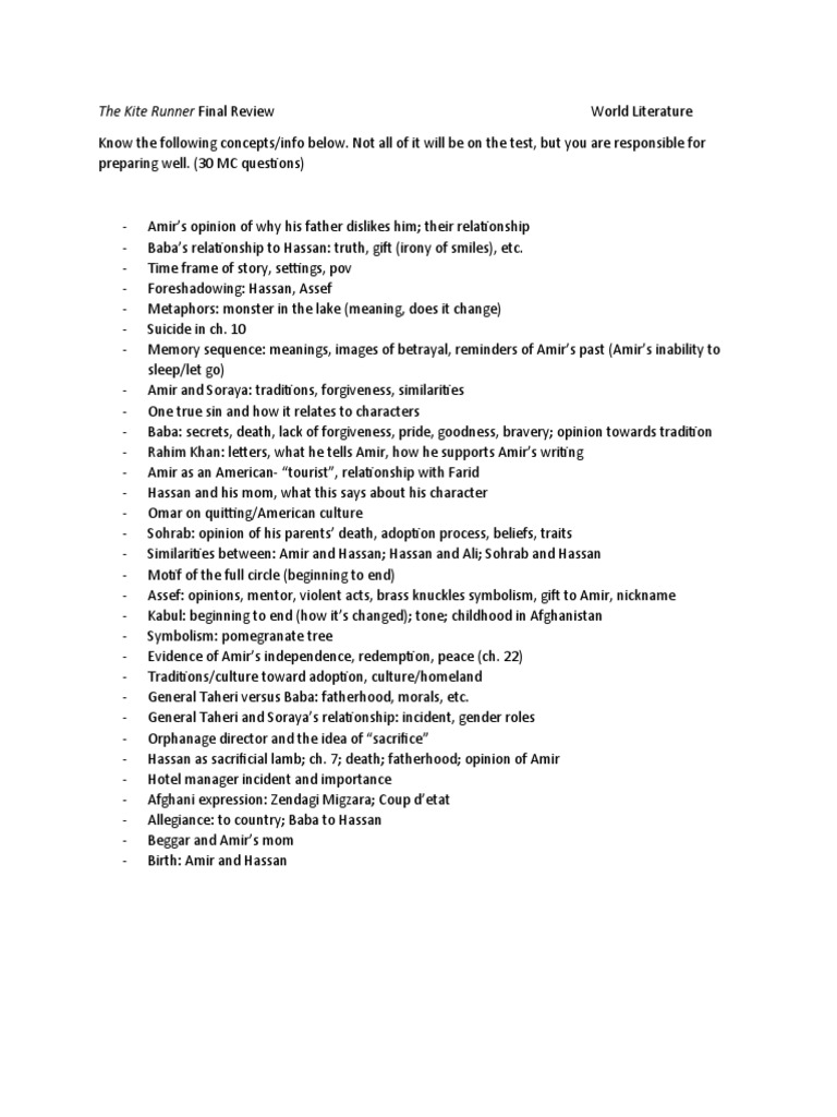 The Kite Runner Final Test Review- World Literature | PDF