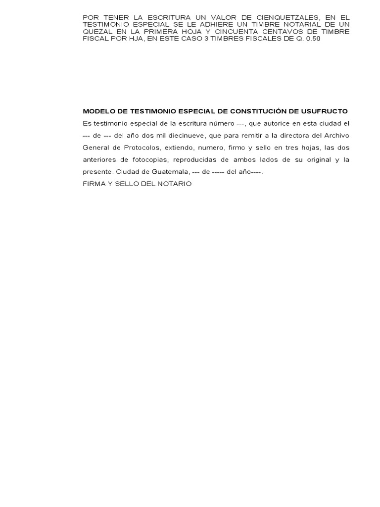 Modelo de Testimonio Especial de Constitución de Usufructo | PDF Modelo de Testimonio Especial de Constitución de Usufructo | PDF