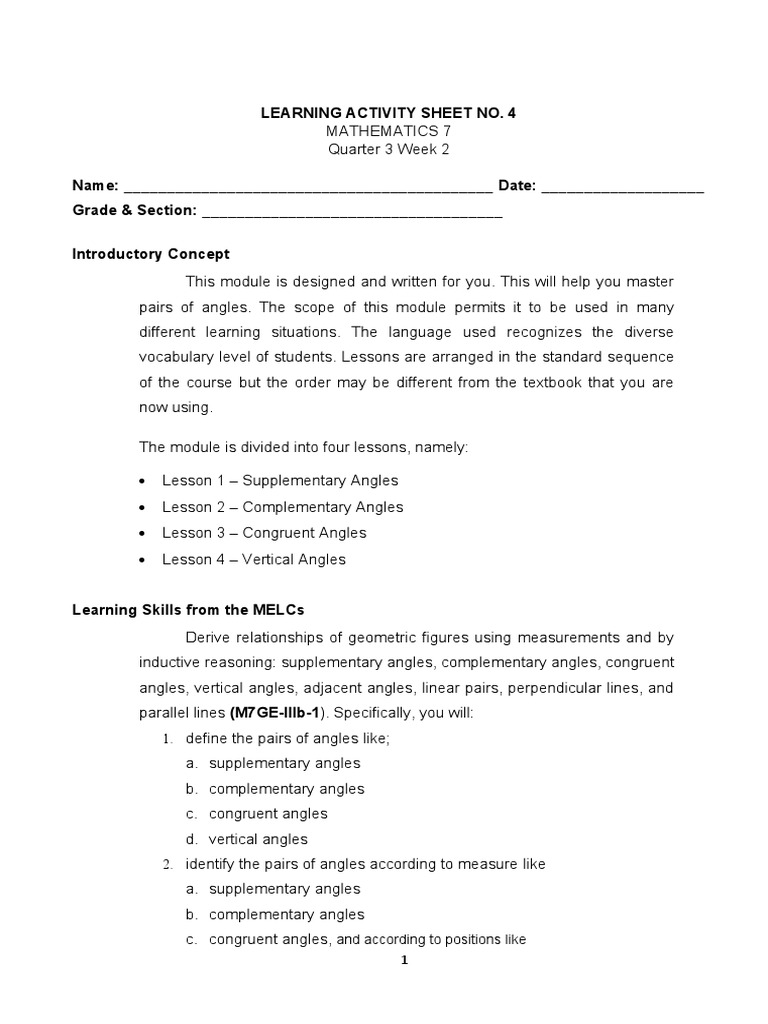 Q3 WEEK 1 2 MATH 7 Geometry Angles | PDF | Angle | Equations Q3 WEEK 1 2 MATH 7 Geometry Angles | PDF | Angle | Equations