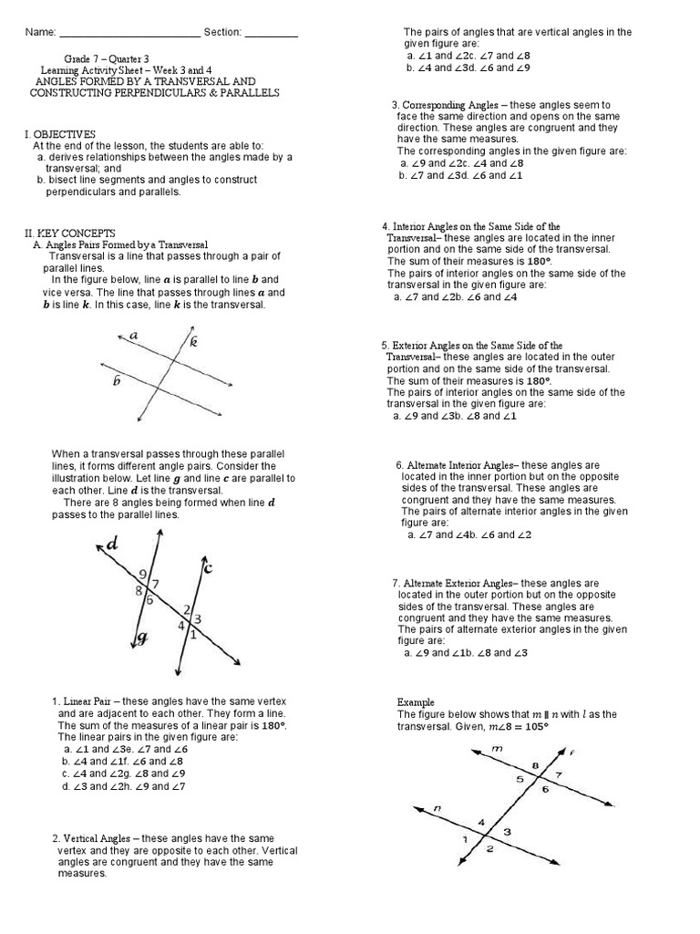 Grade 7 Geometry: Transversals & Angles | PDF | Teaching Methods ...