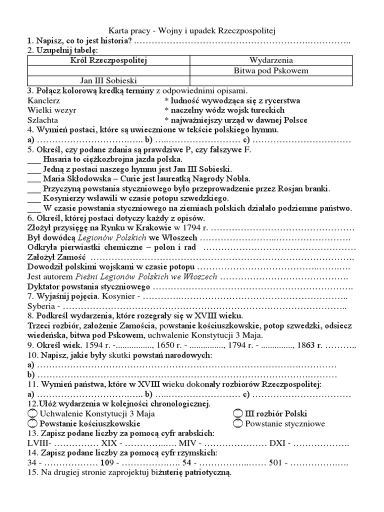 Karta pracy kl. IV Wojny i upadek Rzeczpospolitej (2) | PDF
