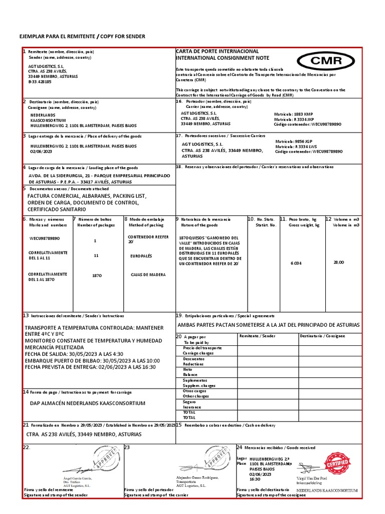 Ejemplar para El Remitente / Copy For Sender Carta de Porte ...