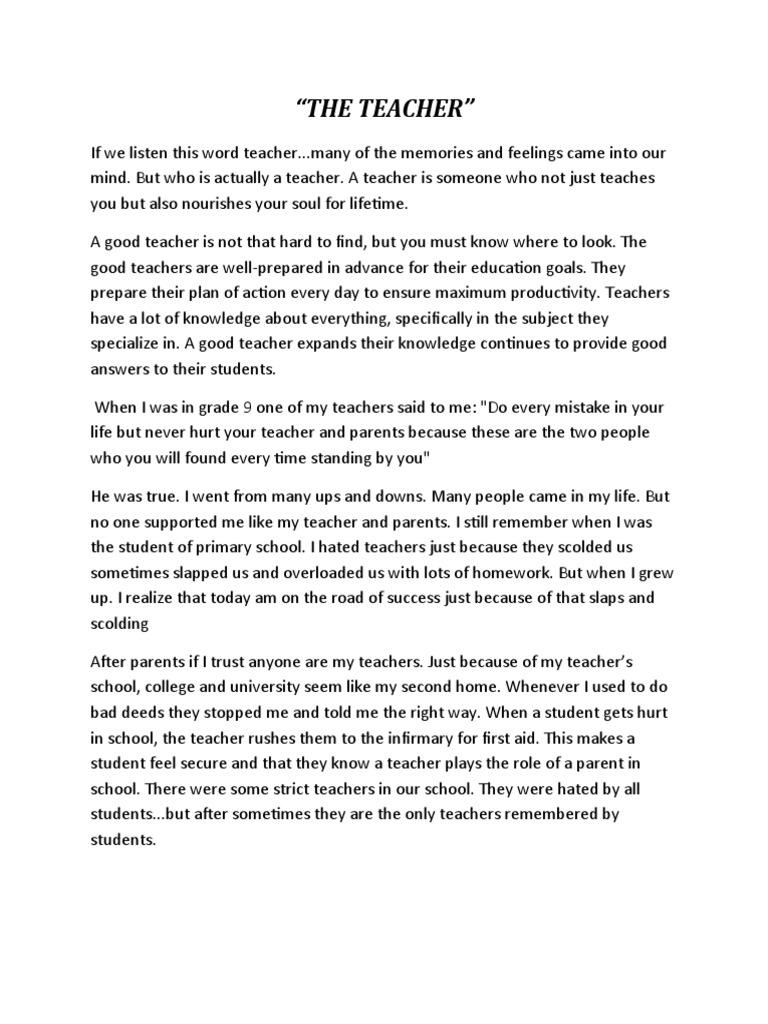 Eassy On Teacher | PDF | Language Arts & Discipline | Self-Improvement