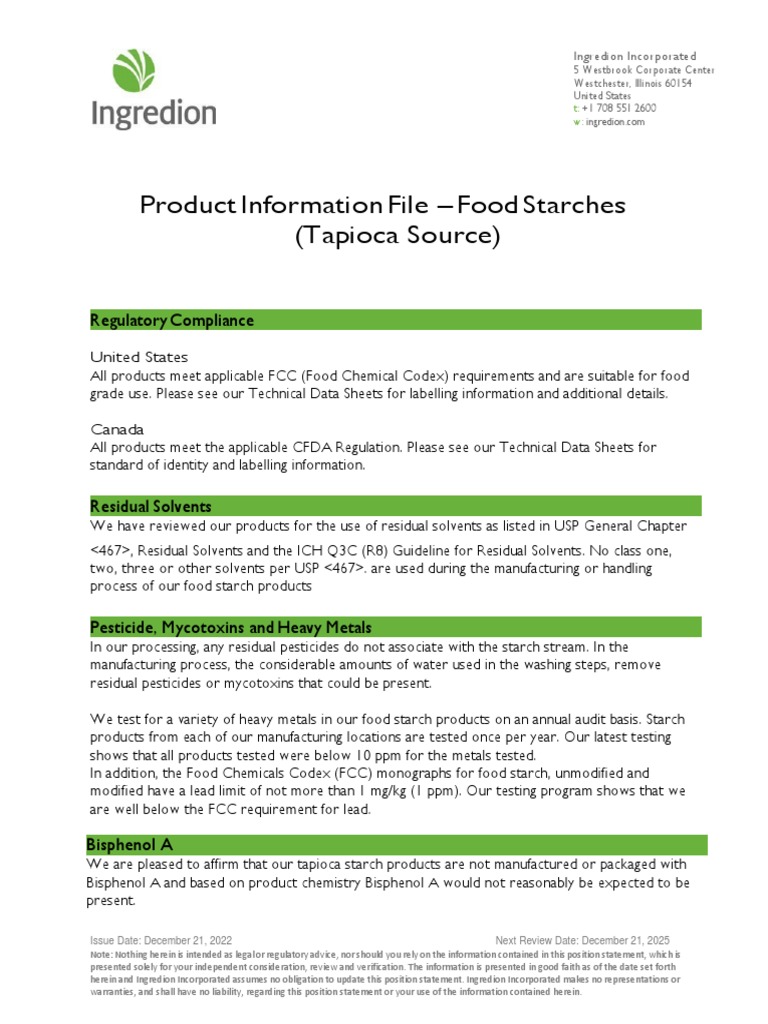 Product Information File - Tapioca Starches | PDF | Food Safety | Food ...