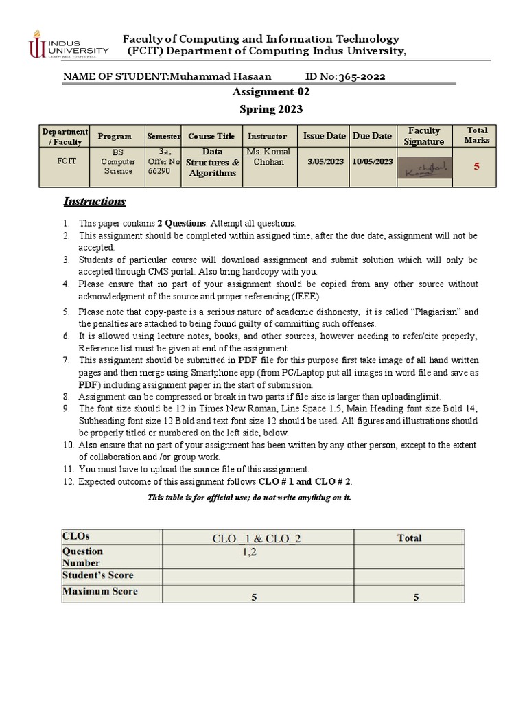 Muhammad Hasaan 365-2022 DSA Assignment 2 (CS) 3rd | PDF | Computer Programming | Computing