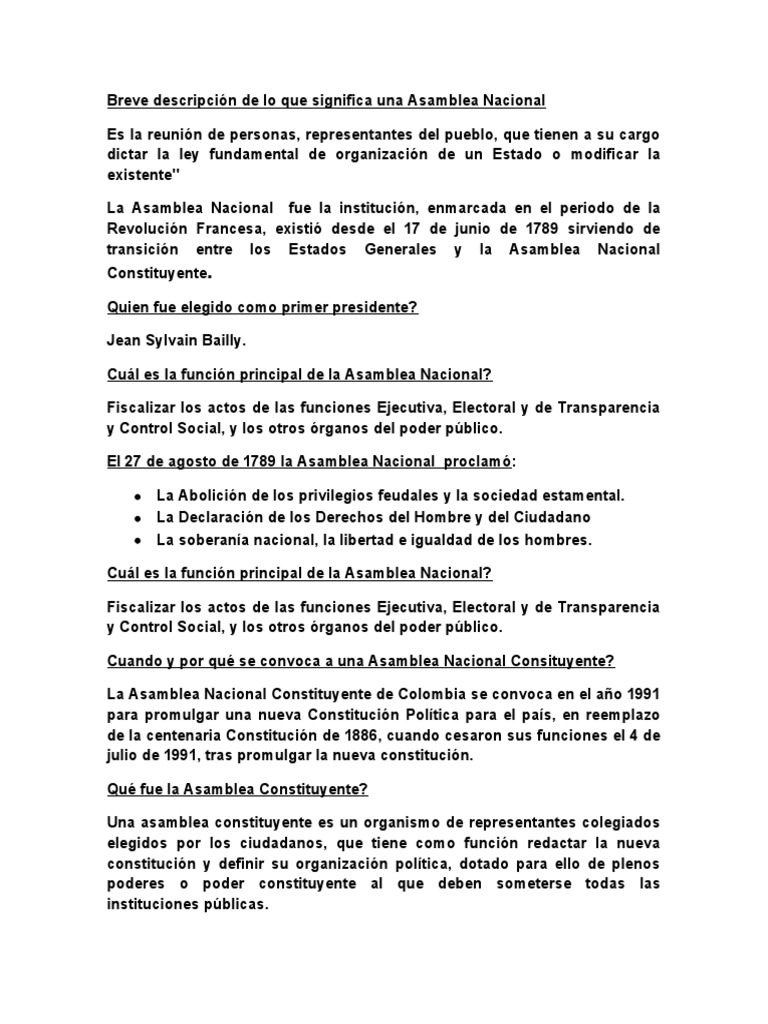 Breve Descripción de Lo Que Significa Una Asamblea Nacional | PDF