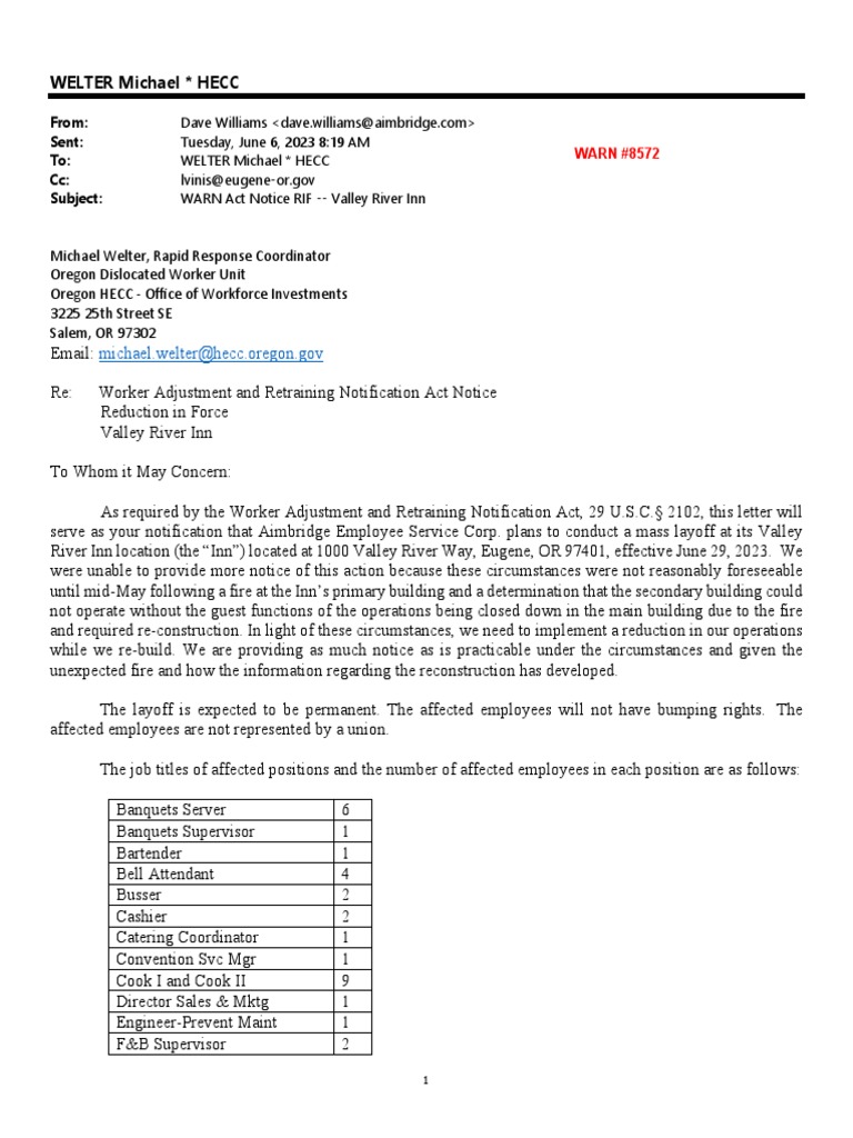 WARN 8572 Aimbridge Employee Service Corp. AKA Valley River Inn | PDF ...