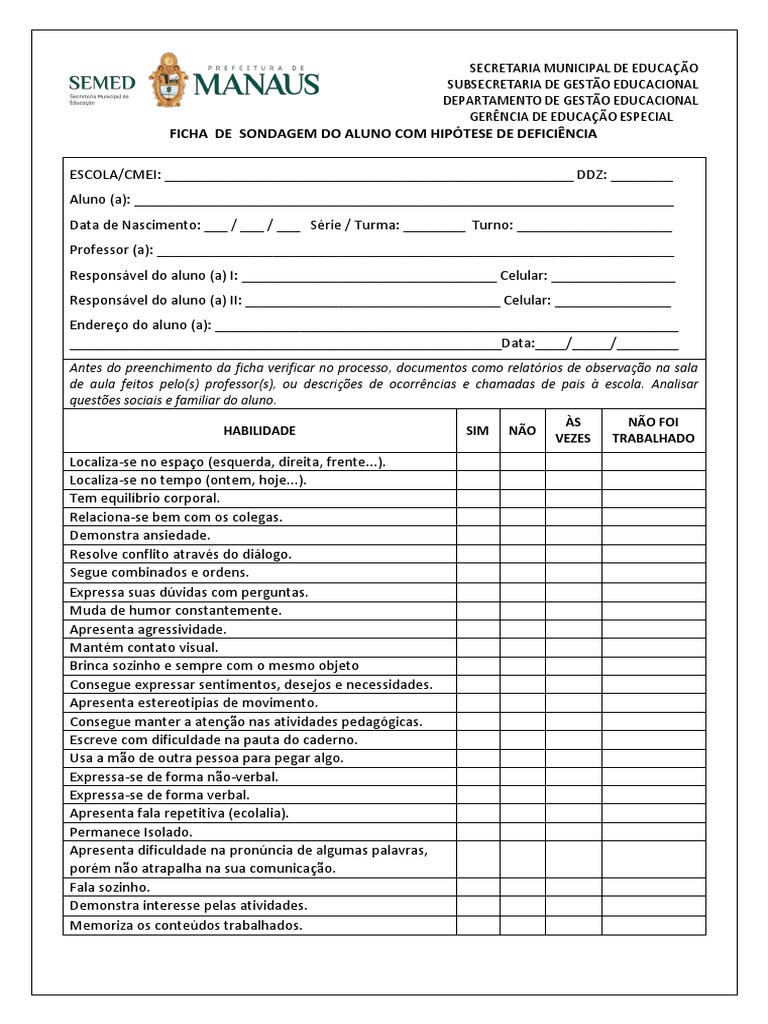 Ficha_Sondagem_Aluno_Deficiência_2020_Atualizado (1) (1) | PDF