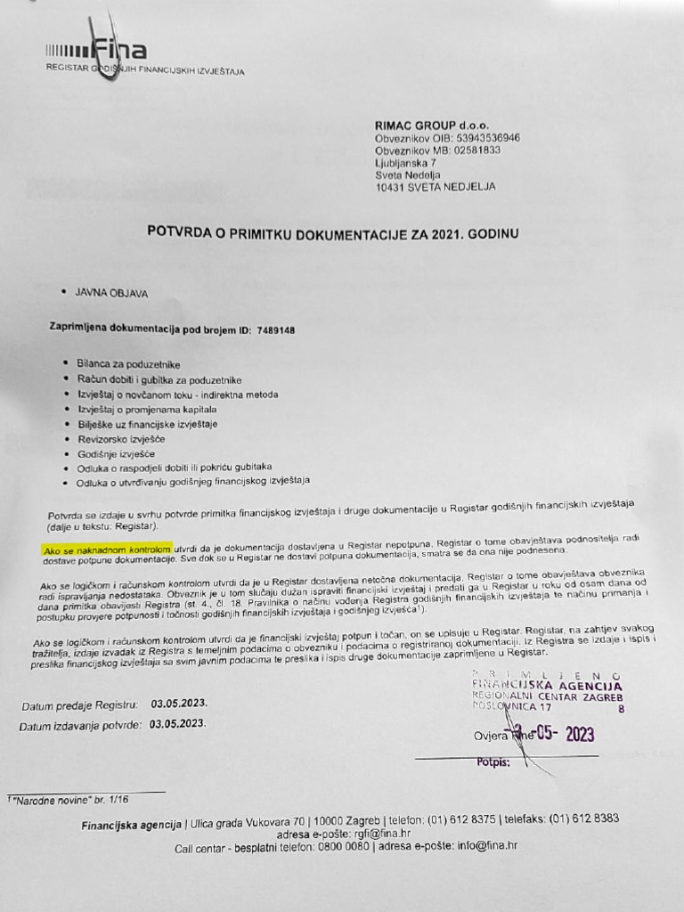 Rimac Group Izvestaj - Potvrda o Primitku. | PDF