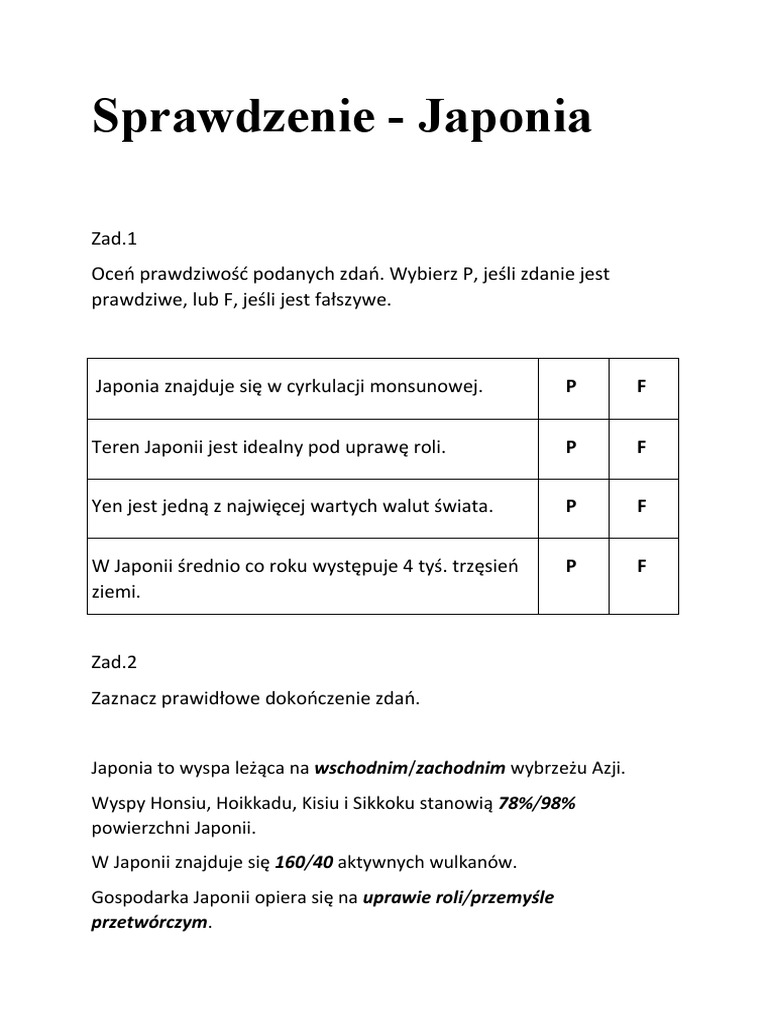 Karta Pracy KL 8 Japonia | PDF