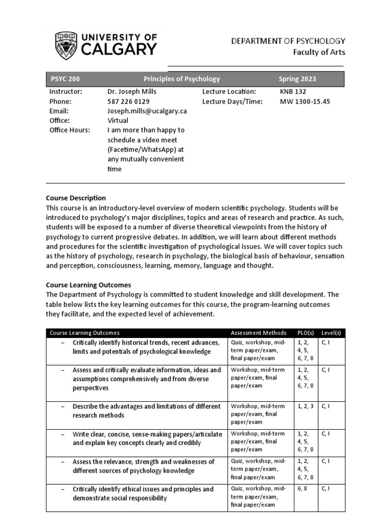 PSYC 200 Principles of Psychology Spring 2023 Module Outline | PDF ...