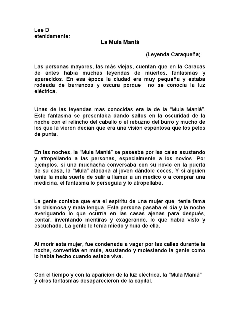 Leyenda de la Mula Maniá en Caracas | PDF