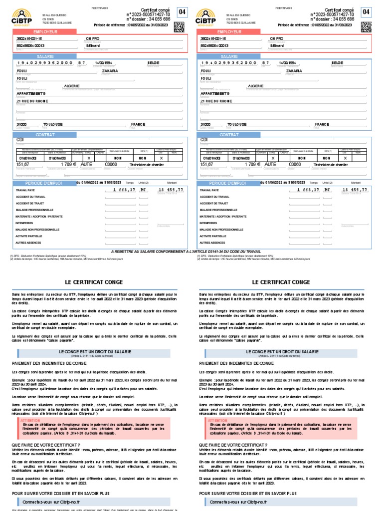 CIBTP Certificat de Congé Espace (1) | PDF