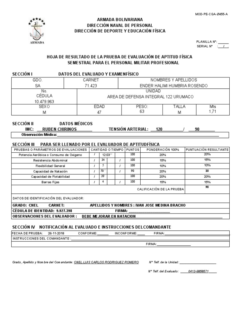 Formato de Planilla Prueba Fisica | PDF