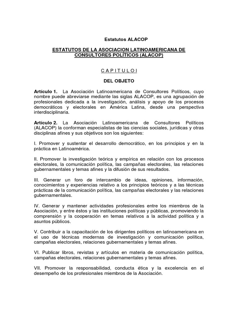 Estatutos de ALACOP: Asociación Política | PDF | Junta Directiva ...