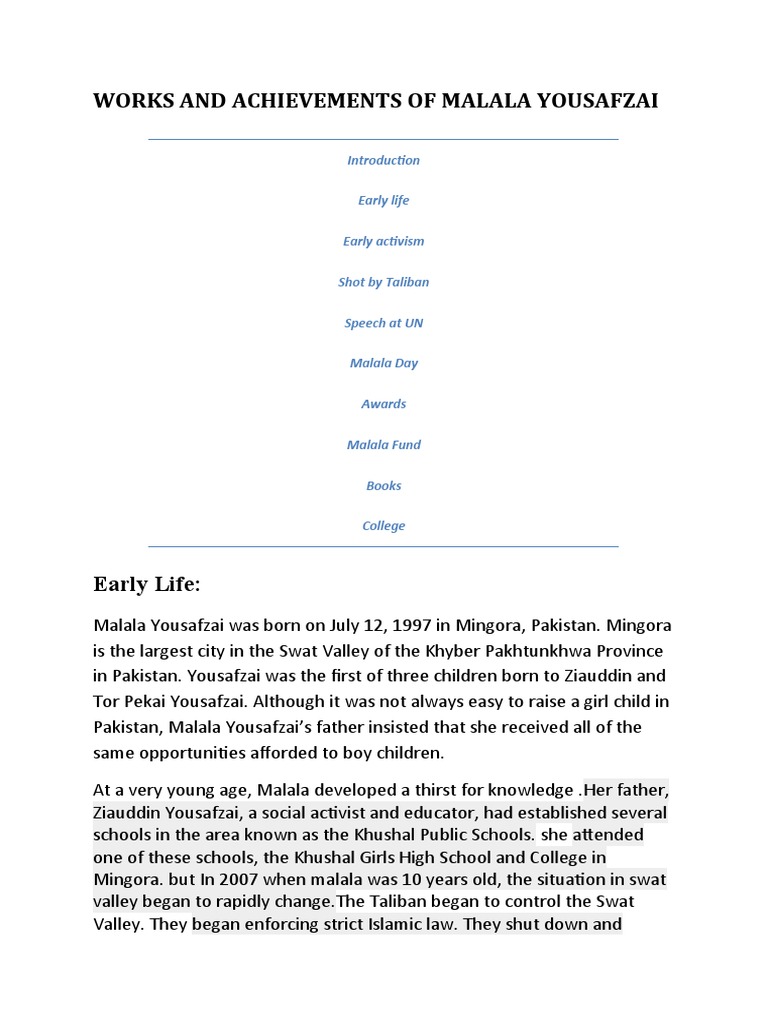 Works and Achievements of Malala Yousafzai | PDF | Malala Yousafzai