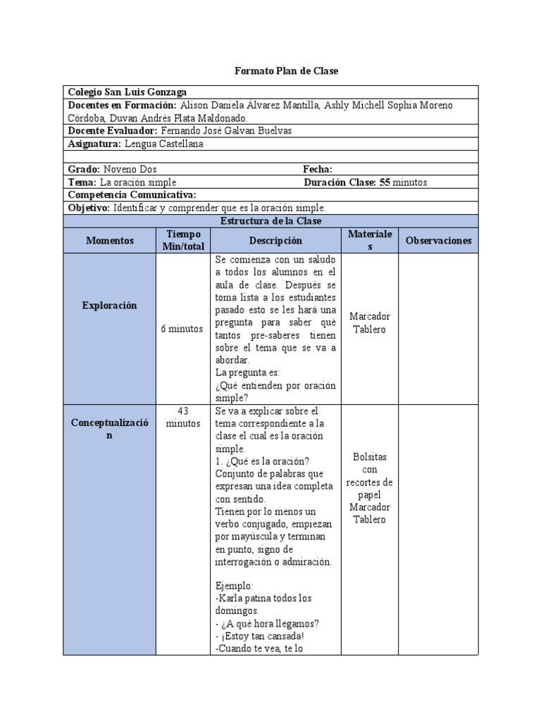 Planeador de Clase | PDF | Predicado (Gramática) | Asunto (gramática)