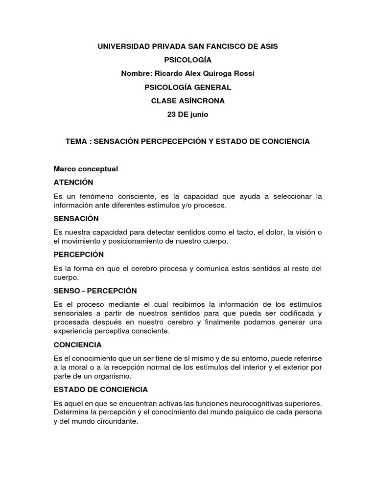 Percepción y Conciencia Ricardo Quiroga | PDF | Cerebro | Percepción
