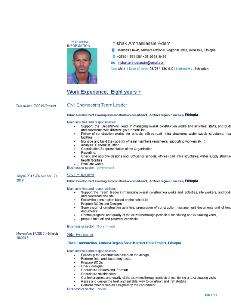 Yishak CV | PDF | Construction Management | Engineering