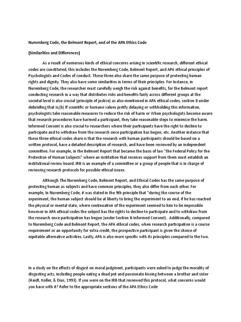 Nuremberg Code, The Belmont Report, and of The APA Ethics Code | PDF
