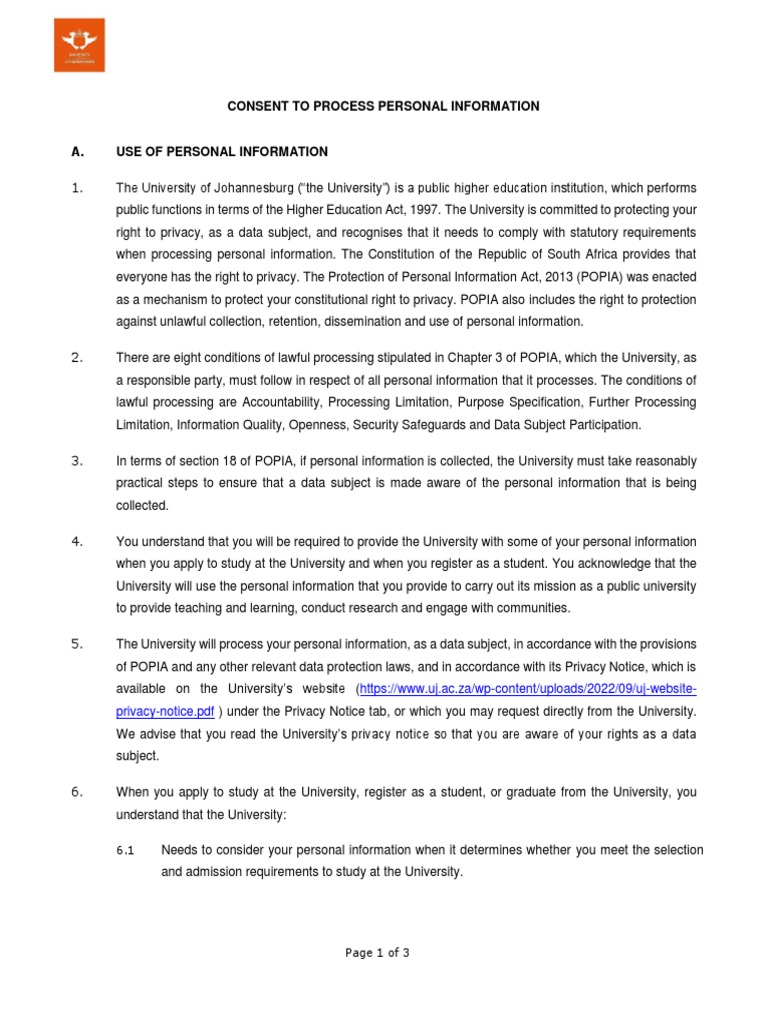 UJ POPIA Consent Form Guide | PDF | Computers