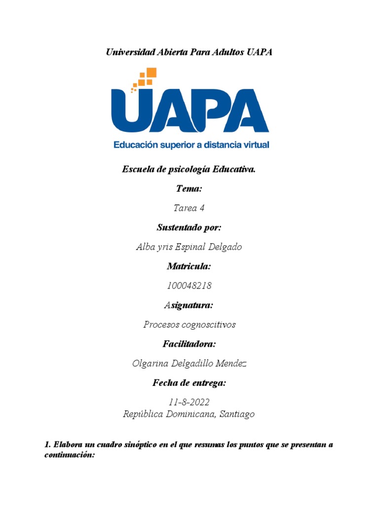 Tarae#4 Procesos Cognoscitivos | PDF | Memoria | Conocimiento