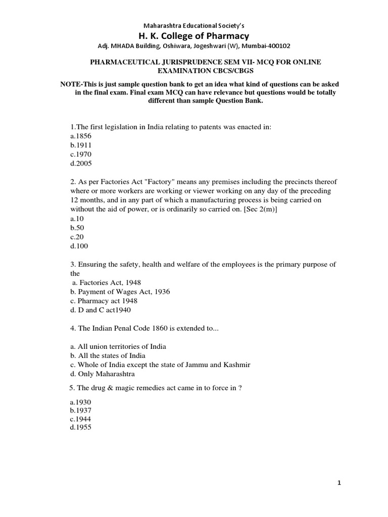 Pharmaceutical Jurisprudence MCQs Sample | PDF | Pharmacist | Drugs