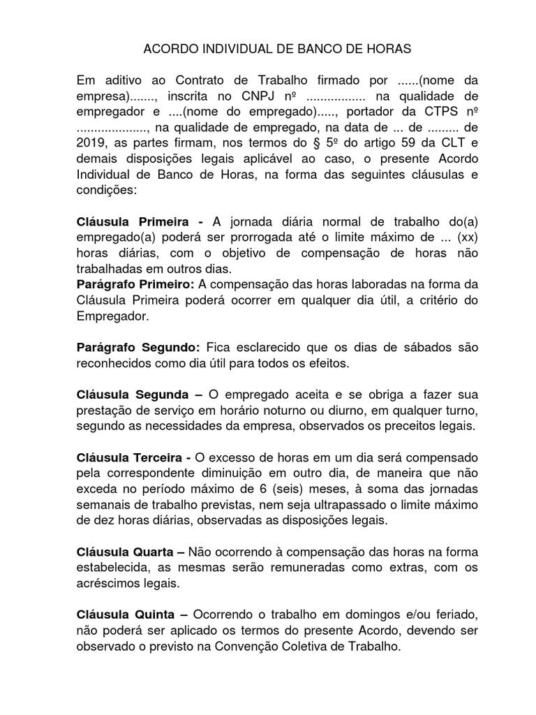 Modelo de Acordo Individual de Banco de Horas | PDF | Hora extra ... Modelo de Acordo Individual de Banco de Horas | PDF | Hora extra ...